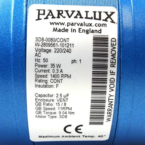 DC Geared Motor SD8-0080/CONT Parvalux 230VAC 35W 0.3A 1400rpm 9.04Nm 1-Phase - Axxa - Motor ...